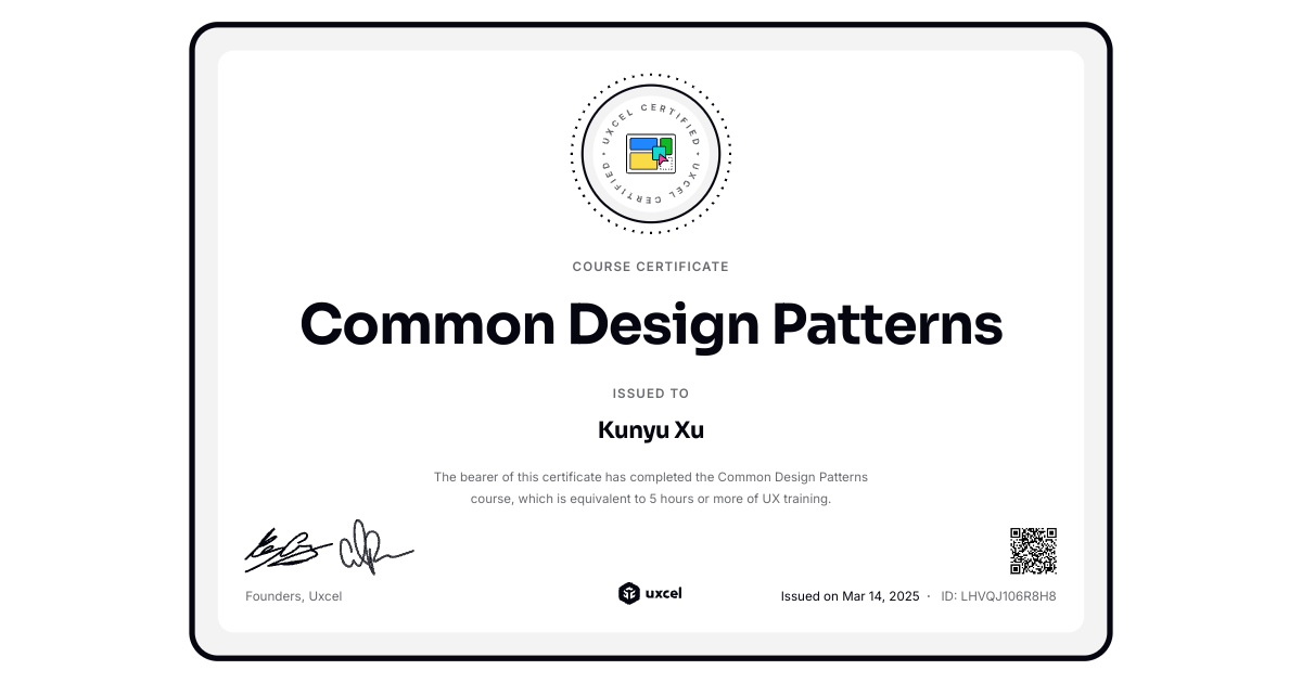 Certificate of completion for Common Design Patterns | Uxcel